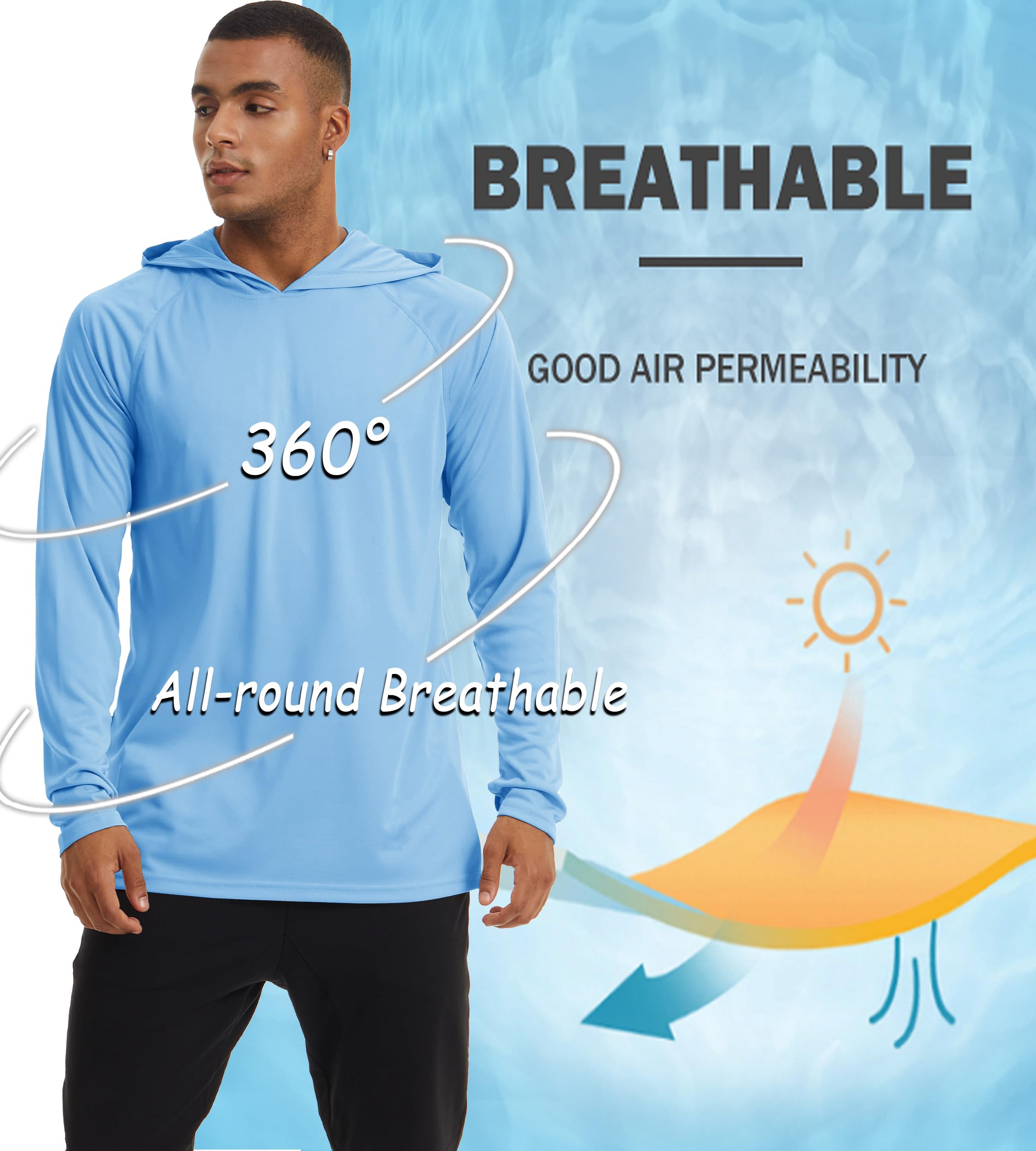 BIYLACLESEN Active Shirts Men Long Sleeve Sun Protection Hoodie Outdoor Performance T-Shirts Quick Dry Fishing Shirts Running Shirts Blue