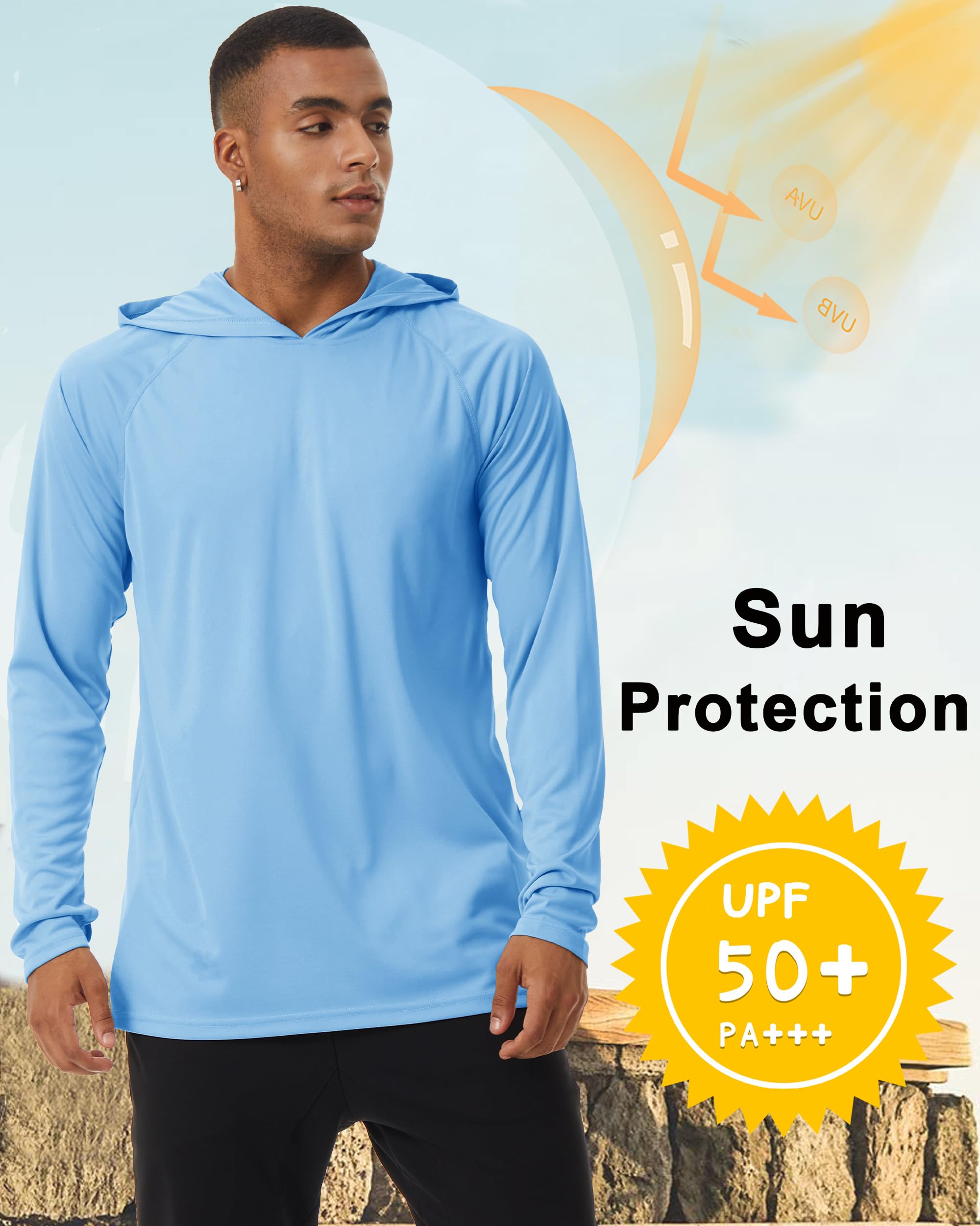 BIYLACLESEN Active Shirts Men Long Sleeve Sun Protection Hoodie Outdoor Performance T-Shirts Quick Dry Fishing Shirts Running Shirts Blue