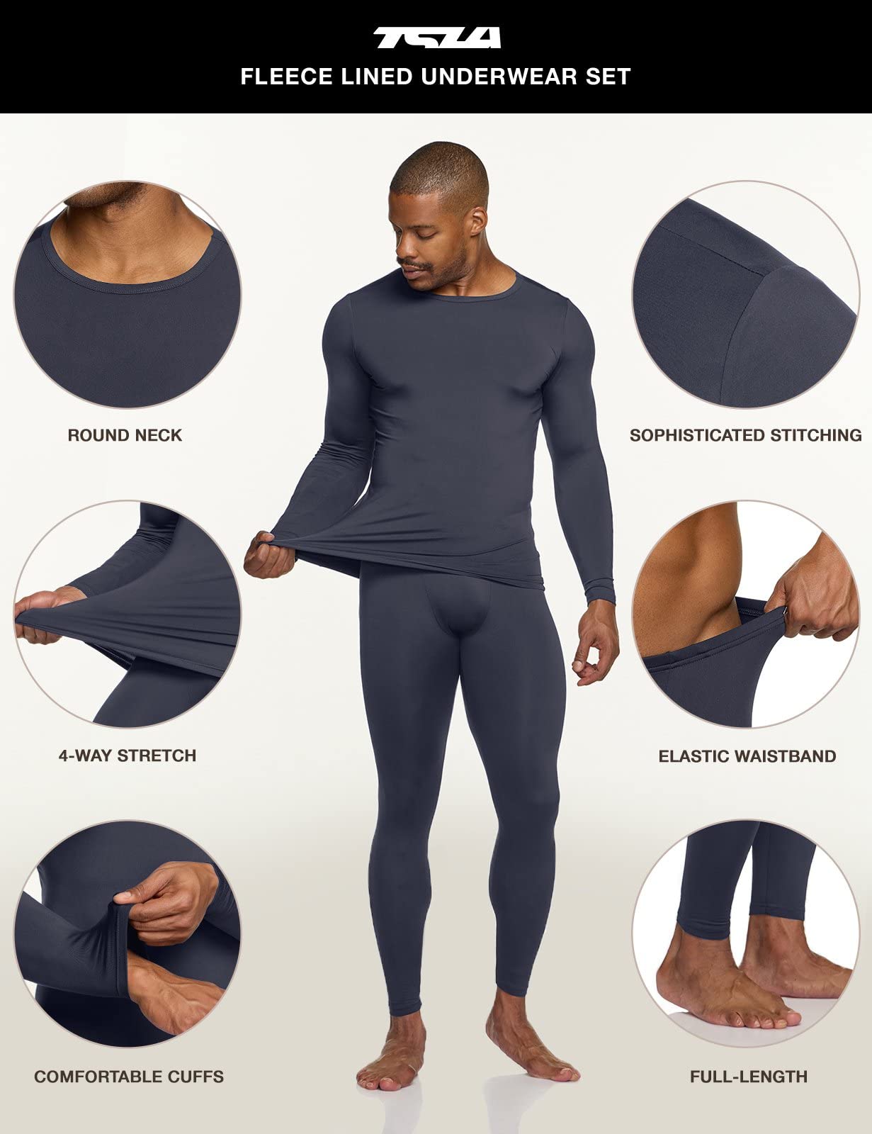 TSLA Men's Thermal Underwear Set, Microfiber Soft Fleece Lined Long Johns, Winter Warm Base Layer Top & Bottom, Soft Micro Fleece Dark Grey, Large