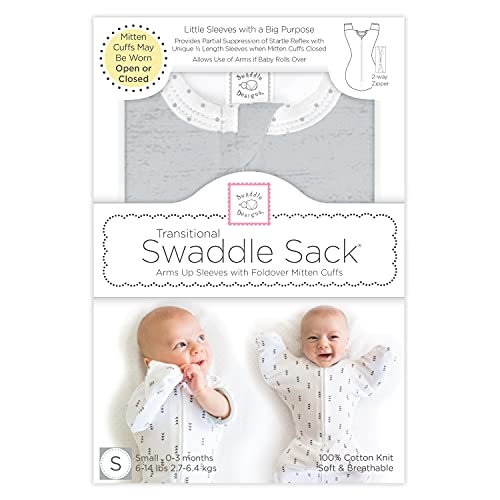 SwaddleDesigns Transitional Swaddle Sack with Arms Up Half-Length Sleeves and Mitten Cuffs, Heathered Gray, 0-3mo, 6-14 lbs (Parents' Picks Award Winner), Small