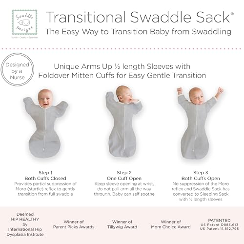 SwaddleDesigns Transitional Swaddle Sack with Arms Up Half-Length Sleeves and Mitten Cuffs, Heathered Gray, 0-3mo, 6-14 lbs (Parents' Picks Award Winner), Small