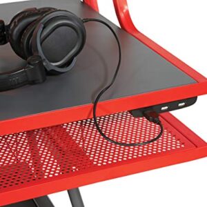 OSP Home Furnishings Glitch Battlestation Gaming Desk with Bluetooth RGB LED Lights, Red