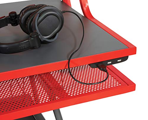 OSP Home Furnishings Glitch Battlestation Gaming Desk with Bluetooth RGB LED Lights, Red