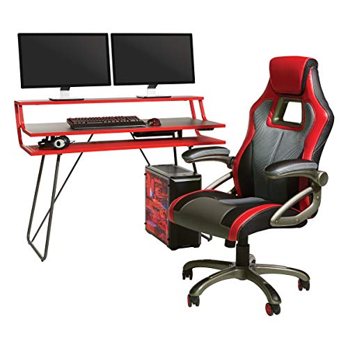 OSP Home Furnishings Glitch Battlestation Gaming Desk with Bluetooth RGB LED Lights, Red