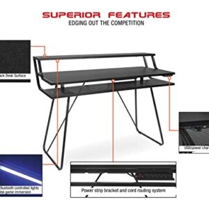 OSP Home Furnishings Glitch Battlestation Gaming Desk with Bluetooth RGB LED Lights, Red