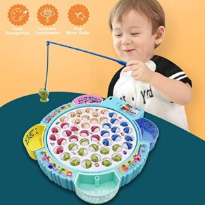 TuKIIE Fishing Game Toy Pole and Rod Fish Board Rotating with Music Includes 45 Fish and 4 Fishing Poles Fine Motor Skill Training Birthday Gifts for Children Kids Toddlers Boys Girls(Blue)