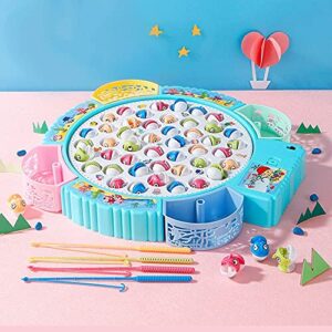 TuKIIE Fishing Game Toy Pole and Rod Fish Board Rotating with Music Includes 45 Fish and 4 Fishing Poles Fine Motor Skill Training Birthday Gifts for Children Kids Toddlers Boys Girls(Blue)