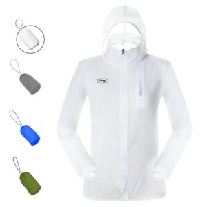 Dooy Sun Protection Jacket Ultra Light Thin Breathable Packable Outdoor Cycling Jacket Hoodie Skin Clothing for Men & Women（white，XL）