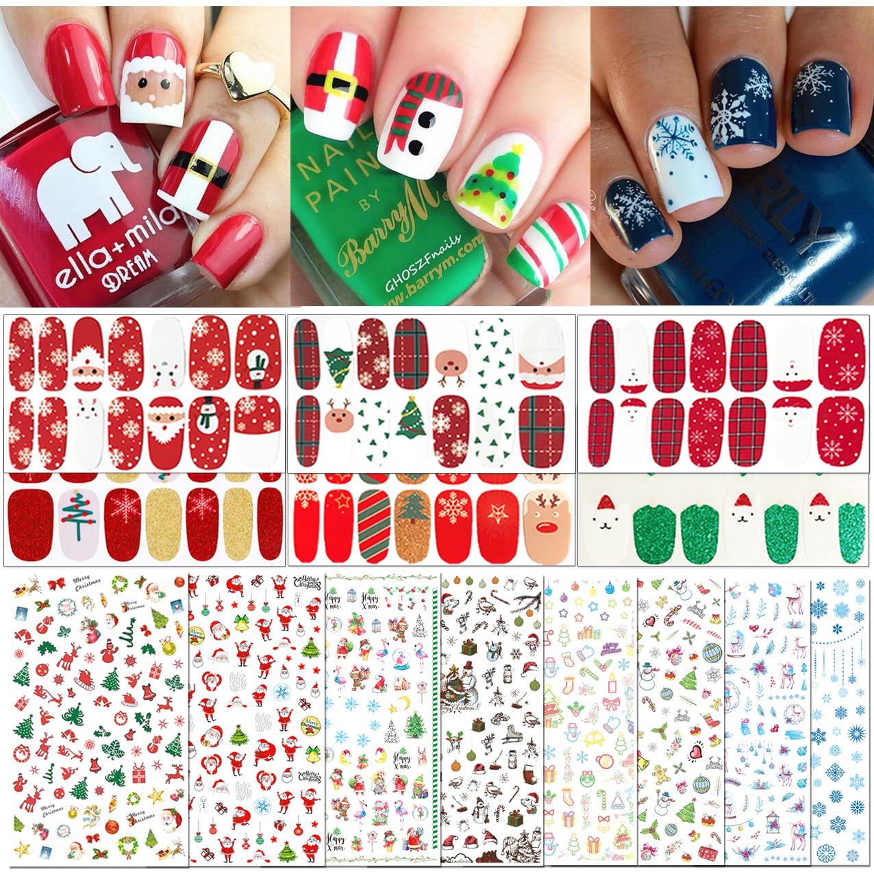 TailaiMei 15 Sheets Christmas Nail Stickers, 7 Sheets Nail Wrap Stickers and 8 Sheets Nail Decals Stickers, Full Wraps Strips and Self-Adhesive Set for DIY Nail Art (1000Pcs)