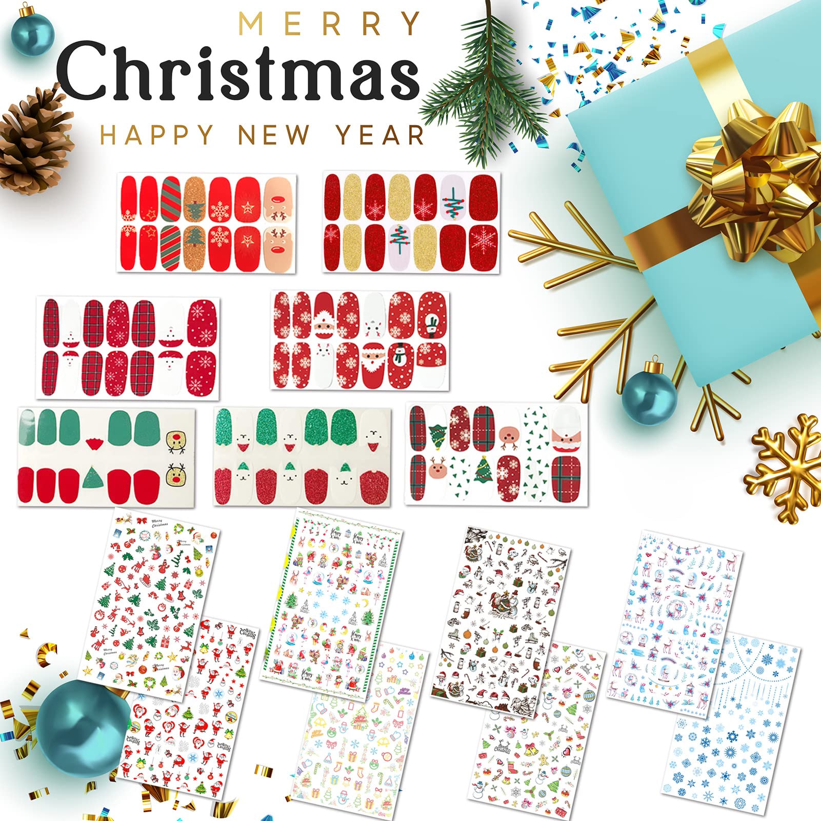 TailaiMei 15 Sheets Christmas Nail Stickers, 7 Sheets Nail Wrap Stickers and 8 Sheets Nail Decals Stickers, Full Wraps Strips and Self-Adhesive Set for DIY Nail Art (1000Pcs)