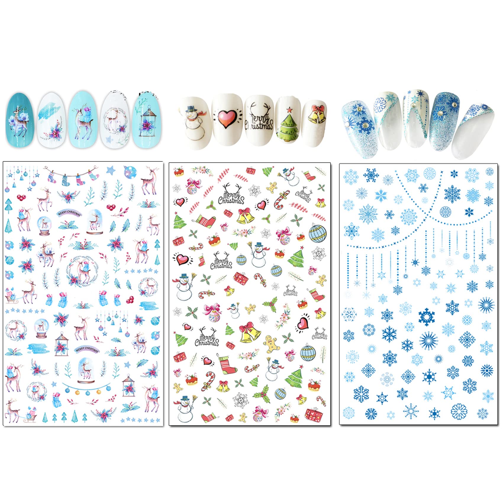 TailaiMei 15 Sheets Christmas Nail Stickers, 7 Sheets Nail Wrap Stickers and 8 Sheets Nail Decals Stickers, Full Wraps Strips and Self-Adhesive Set for DIY Nail Art (1000Pcs)