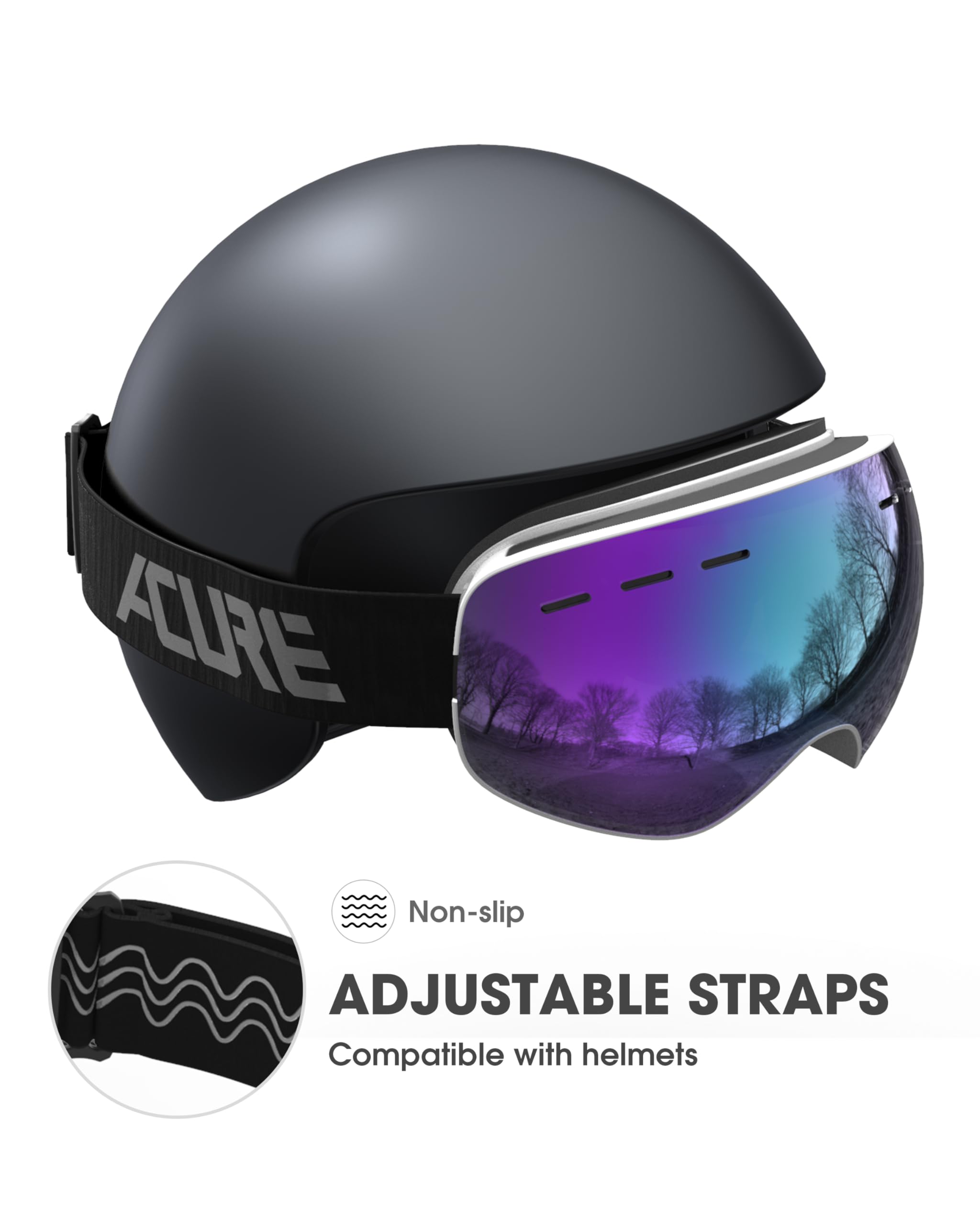 ACURE Ski Goggles, OTG - Over Glasses Snow Snowboard Goggles, Anti Fog, 100% UV400 Protection for Men Women Kids