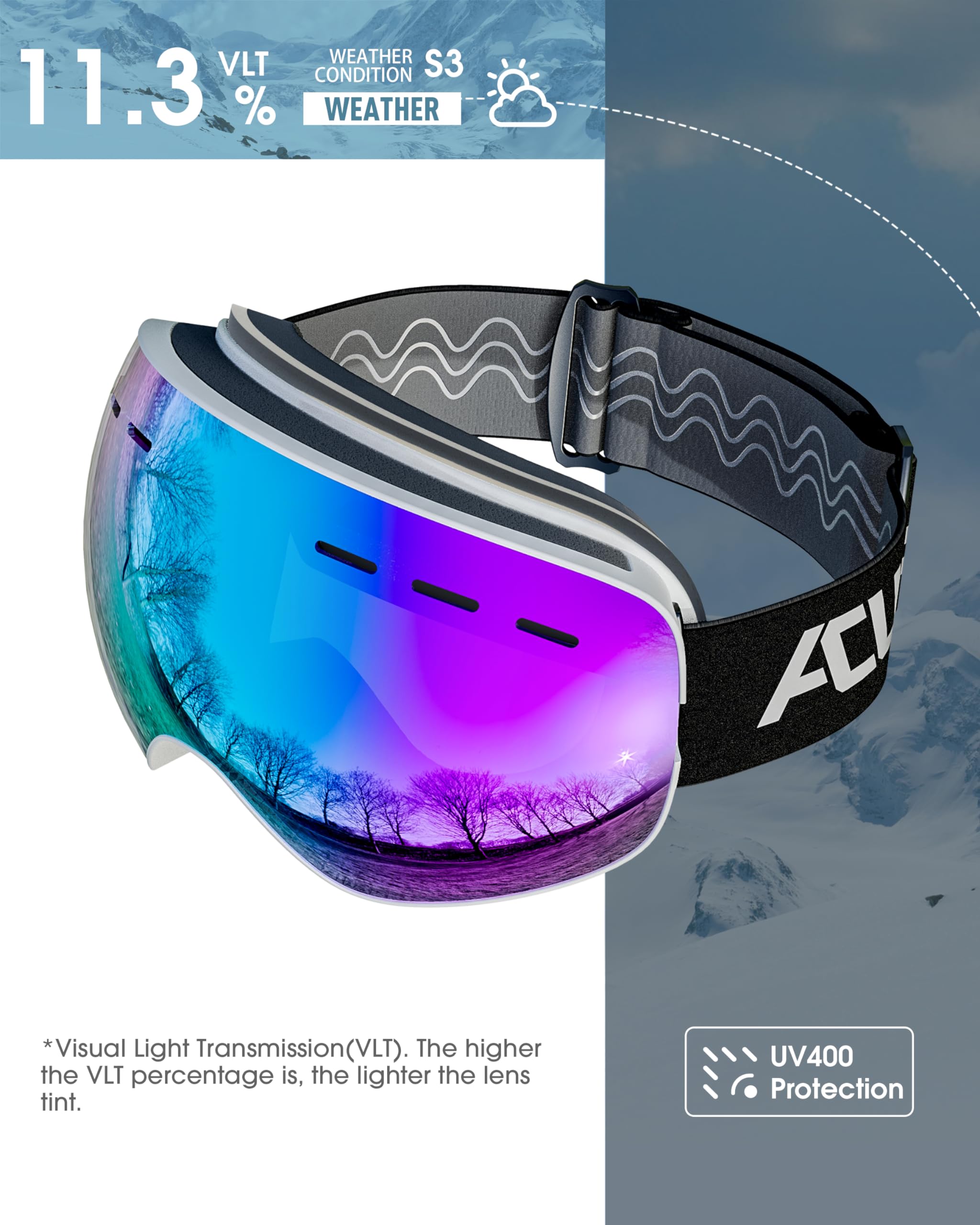 ACURE Ski Goggles, OTG - Over Glasses Snow Snowboard Goggles, Anti Fog, 100% UV400 Protection for Men Women Kids