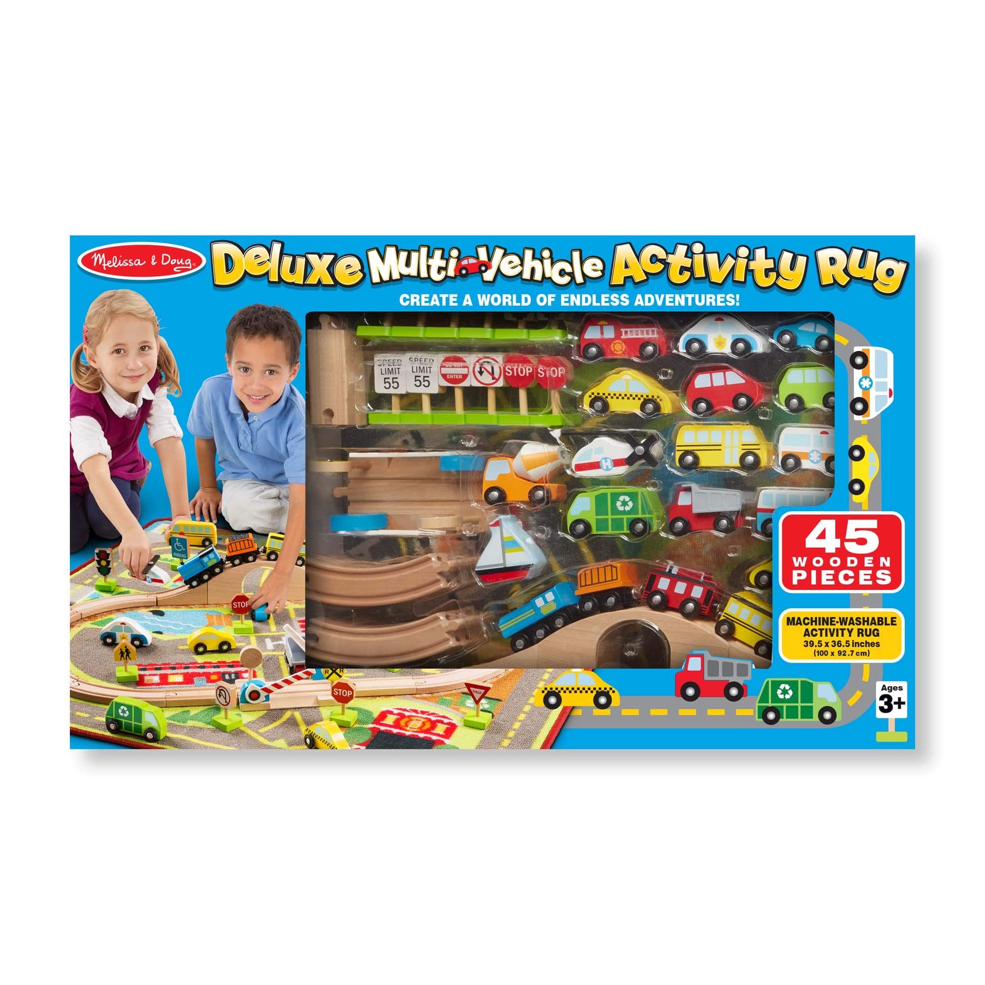 Melissa & Doug Deluxe Multi-Vehicle Activity Rug (39.5" x 36.5") - 19 Vehicles, 12 Wooden Signs, Train Tracks