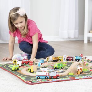 Melissa & Doug Deluxe Multi-Vehicle Activity Rug (39.5" x 36.5") - 19 Vehicles, 12 Wooden Signs, Train Tracks