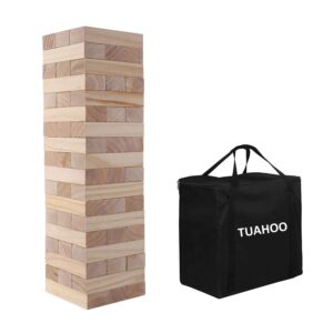 tuahoo outdoor games giant tumble tower (stacks to 4+ feet), jumbo tumbling timber, wood stacking backyard game for kids adult family fun, 54-blocks + storage bag