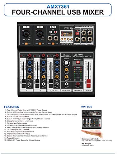 Audio2000'S AMX7361 Four-Channel Audio Mixer with USB 5V Power Supply, USB Interface, and Sound Effect