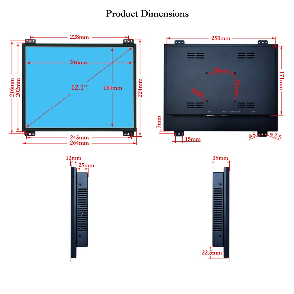 iChawk 12.1'' inch PC Display 1024x768 4:3 DVI VGA USB Power On Boot Metal Shell Embedded Open Frame Industrial Four-Wire Resistive Touch LCD Screen Monitor with Quick Easy Installation K121MT-DR2