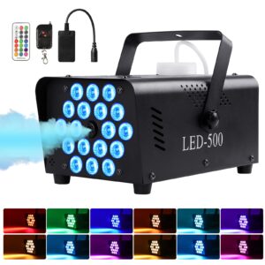 upgraded fog machine with light 18 led smoke machine for parties wedding, 13 colors fog machine fog stage with 2 wireless remote controls, 500w 2000cfm outdoor fog machine for halloween dj