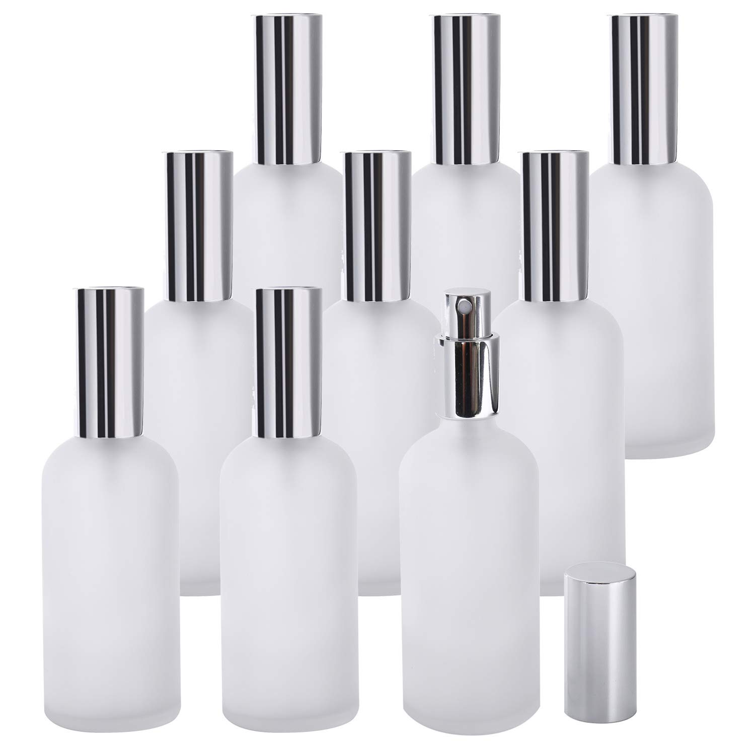 Bekith 9 Pack 3oz Glass Spray Bottles with Fine Mist Sprayer & Pump Spray Cap, Refillable & Reusable Frosted Clear Empty Bottles for Essential Oils, Perfumes, Body Sprays