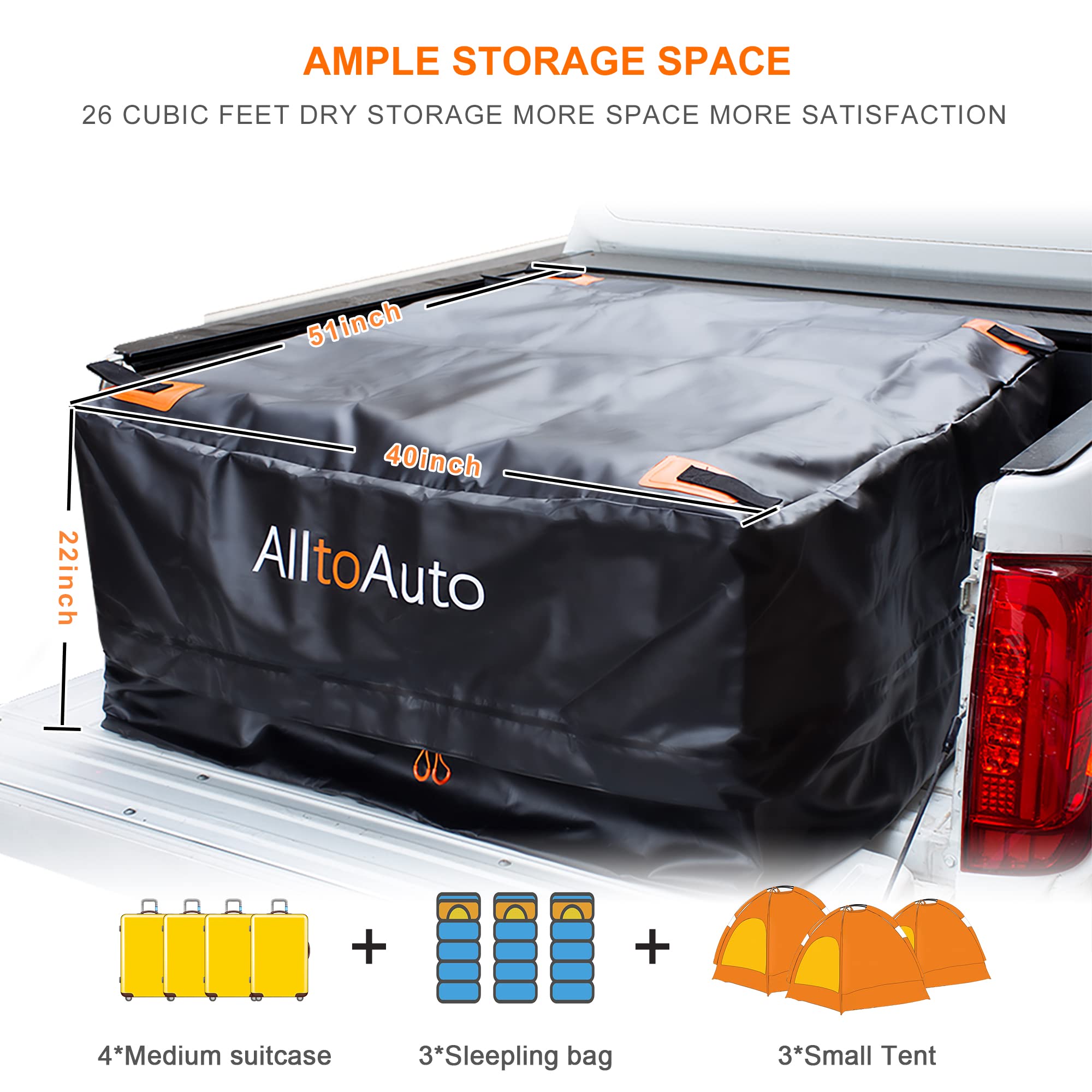 AlltoAuto Truck Bed Cargo Bag with Cargo Net, 100% Waterproof 600D Heavy Duty, Fits Any Truck Size (51''x40''x22'') 26 Cubic Feet, Simple and Convenient for Installation