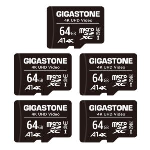 [gigastone] 64gb 5-pack micro sd card, 4k uhd video, surveillance security cam action camera drone professional, 90mb/s micro sdxc uhs-i a1 class 10, with adapters