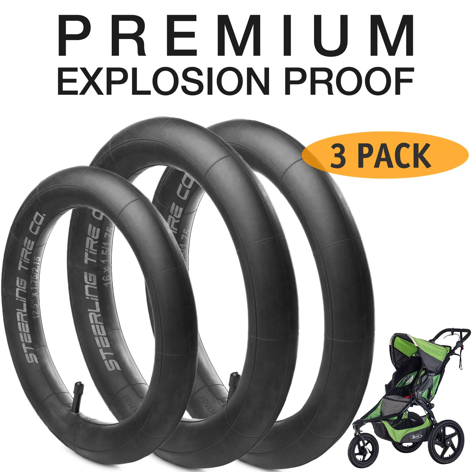 Two 16'' x 1.5/1.75 R and One 12.5'' x 1.75/2.15 F Premium Explosion Proof Inner Tire Tube for All BOB Revolution & Stroller Strides - BOB Stroller Tire Replacement Set [3 Pack] Steerling Tire Co.