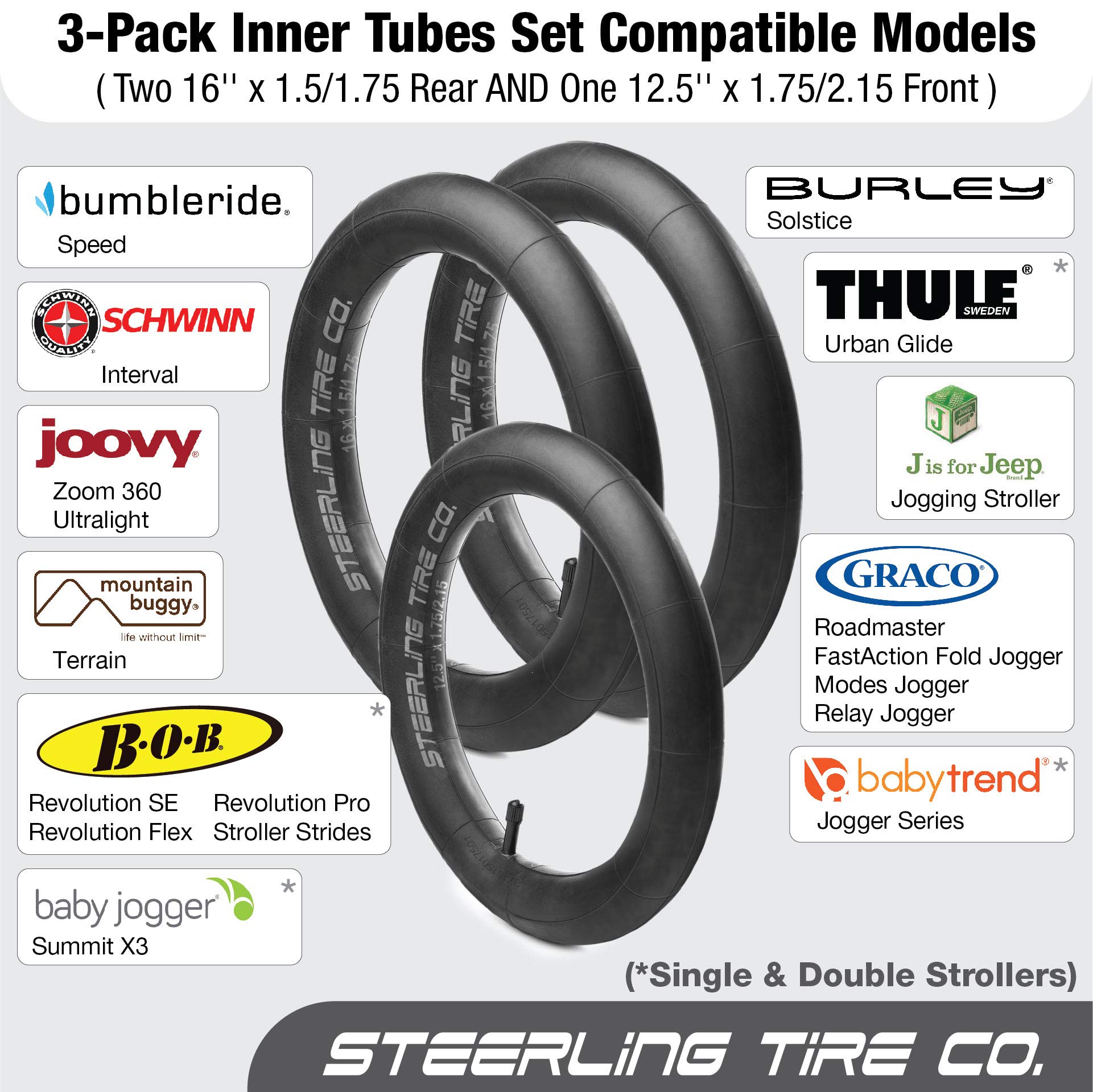 Two 16'' x 1.5/1.75 R and One 12.5'' x 1.75/2.15 F Premium Explosion Proof Inner Tire Tube for All BOB Revolution & Stroller Strides - BOB Stroller Tire Replacement Set [3 Pack] Steerling Tire Co.