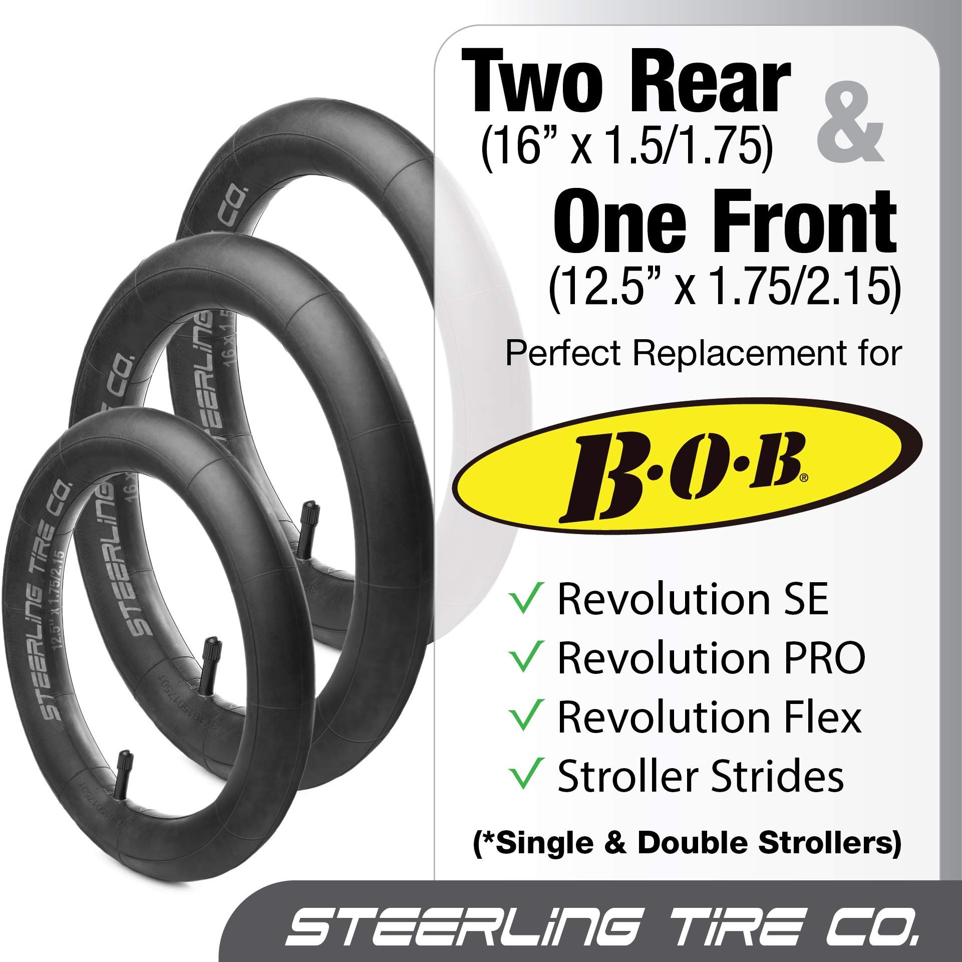 Two 16'' x 1.5/1.75 R and One 12.5'' x 1.75/2.15 F Premium Explosion Proof Inner Tire Tube for All BOB Revolution & Stroller Strides - BOB Stroller Tire Replacement Set [3 Pack] Steerling Tire Co.