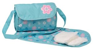 adora baby doll diaper bag with sturdy straps, includes changing mat and 2 doll diapers (fits 13" dolls), birthday gift for ages 3+ - blue flower power