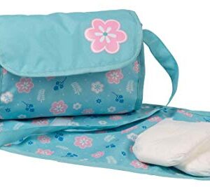 ADORA Baby Doll Diaper Bag with Sturdy Straps, Includes Changing Mat and 2 Doll Diapers (Fits 13" Dolls), Birthday Gift for Ages 3+ - Blue Flower Power