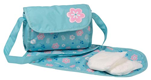 ADORA Baby Doll Diaper Bag with Sturdy Straps, Includes Changing Mat and 2 Doll Diapers (Fits 13" Dolls), Birthday Gift for Ages 3+ - Blue Flower Power