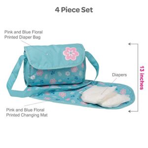 ADORA Baby Doll Diaper Bag with Sturdy Straps, Includes Changing Mat and 2 Doll Diapers (Fits 13" Dolls), Birthday Gift for Ages 3+ - Blue Flower Power