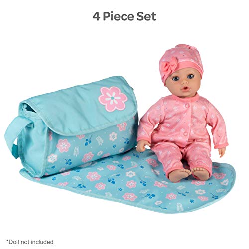 ADORA Baby Doll Diaper Bag with Sturdy Straps, Includes Changing Mat and 2 Doll Diapers (Fits 13" Dolls), Birthday Gift for Ages 3+ - Blue Flower Power