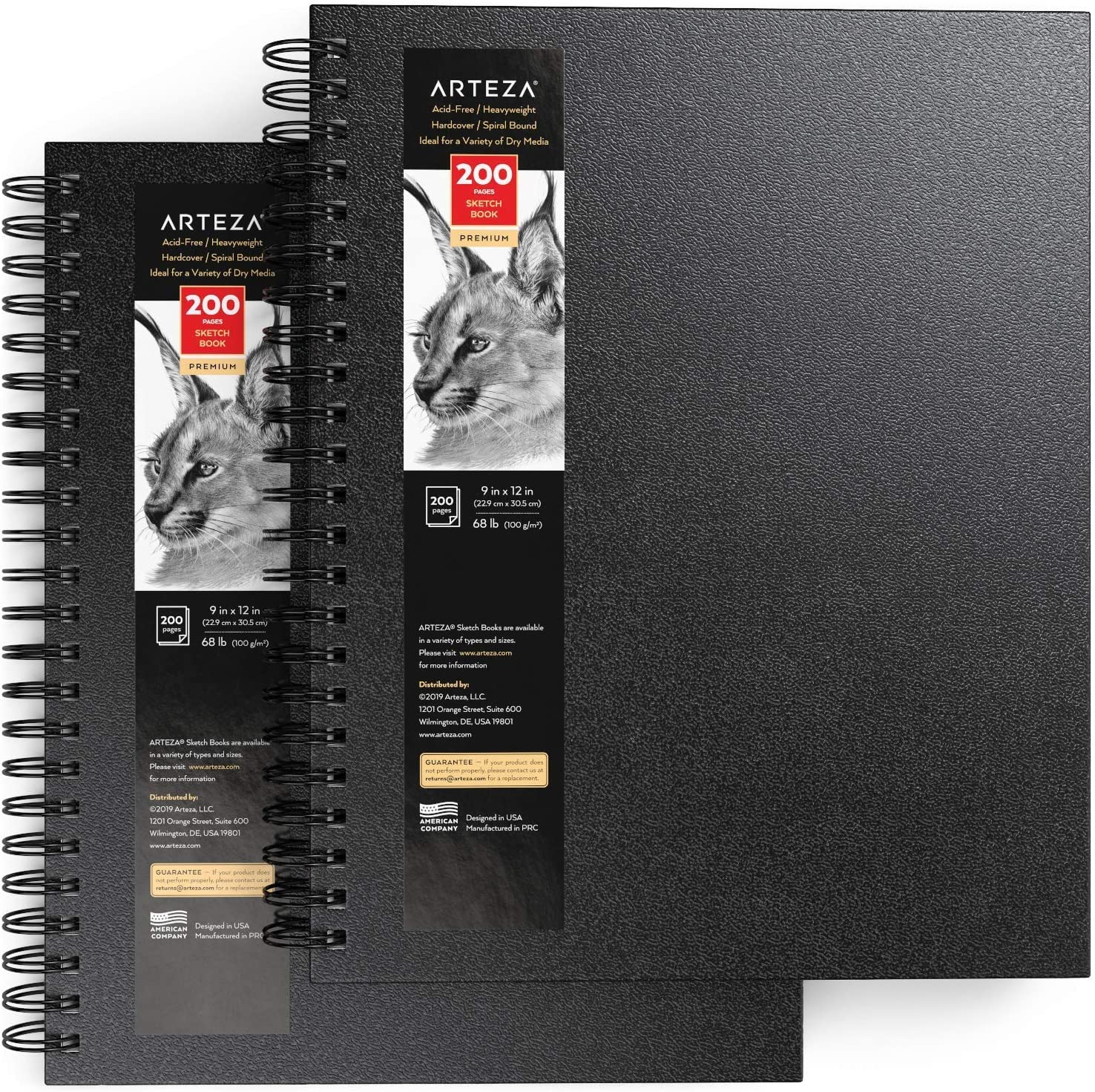 Arteza Sketch Book, 9x12-inch, 2-Pack, Black Drawing Pads, 200 Sheets Total, 68 lb 100 GSM, Hardcover Sketchbook, Spiral-Bound, Use with Pencils, Charcoal, Pens, Crayons & Other Dry Media