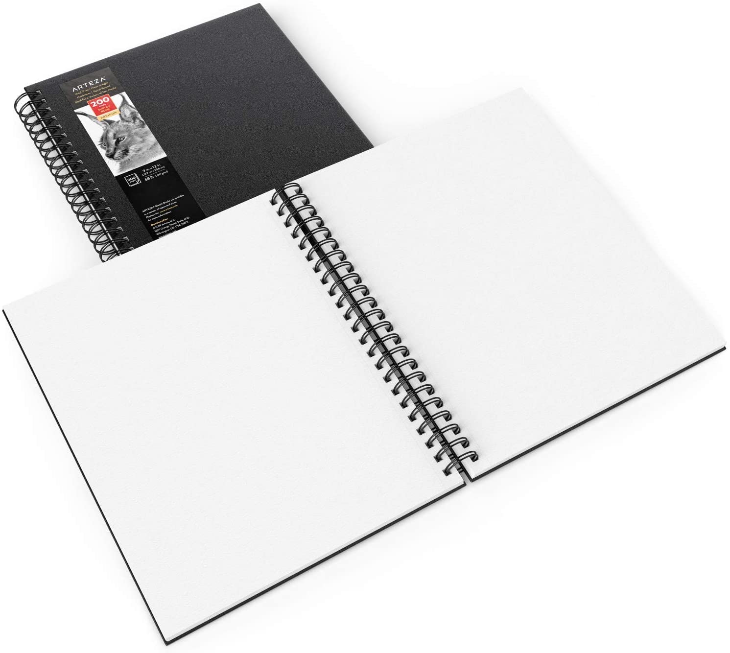 Arteza Sketch Book, 9x12-inch, 2-Pack, Black Drawing Pads, 200 Sheets Total, 68 lb 100 GSM, Hardcover Sketchbook, Spiral-Bound, Use with Pencils, Charcoal, Pens, Crayons & Other Dry Media