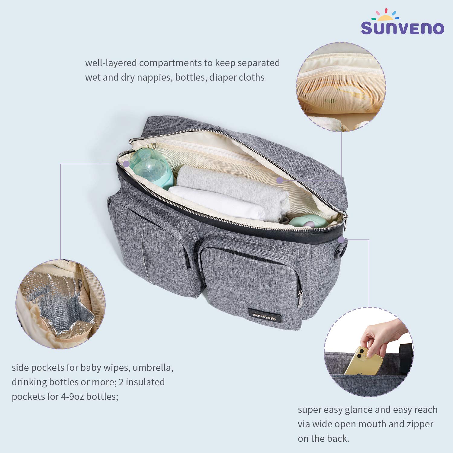 SUNVENO Universal Stroller Organizer and Storage with Mesh Compartment, Grey