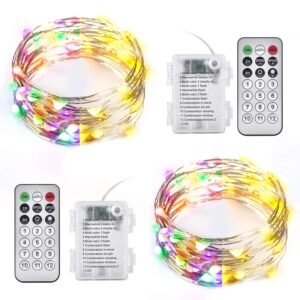 ariceleo 2 packs warm white & multi-color battery operated string lights, 5m/16.4ft. 50 leds remote control timer 12 modes optional twinkle battery powered fairy lights sliver wire firefly lights