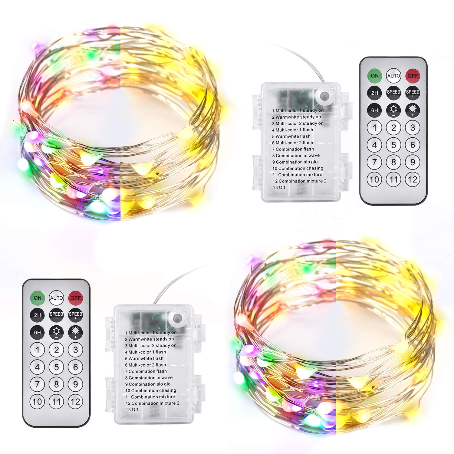 Ariceleo 2 Packs Warm White & Multi-Color Battery Operated String Lights, 5M/16.4ft. 50 LEDs Remote Control Timer 12 Modes Optional Twinkle Battery Powered Fairy Lights Sliver Wire Firefly Lights