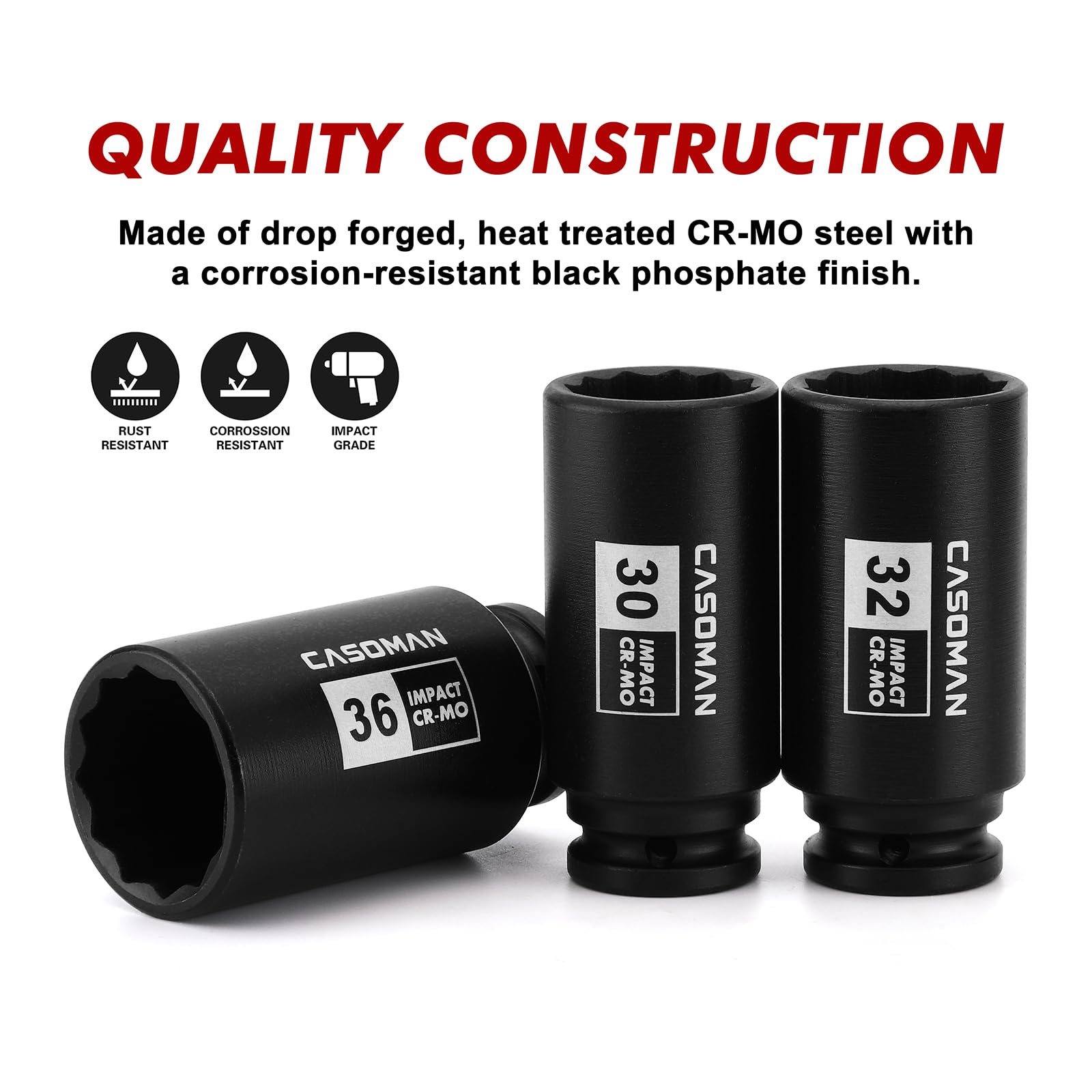 CASOMAN 1/2-Inch Drive Deep Spindle Axle Nut Impact Socket Set,12 Point Metric, CR-MO, 30,32,34,36mm, 4-Piece 1/2" Heavy Duty Impact Socket Set