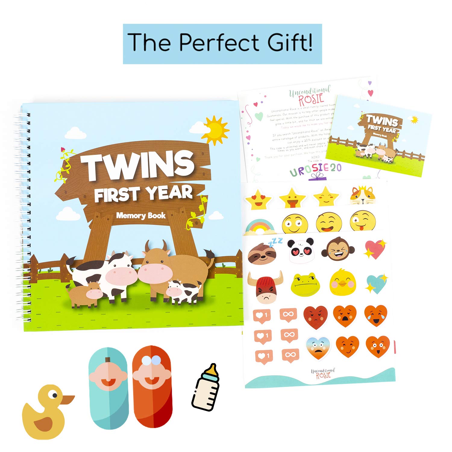 Great Newborn Twins by Unconditional Rosie | A Beautiful Baby Memory Book for Documenting their First Year | Gorgeous and Perfect Baby Twin Gifts - Cows Edition | Twins Baby Items that You'll Love