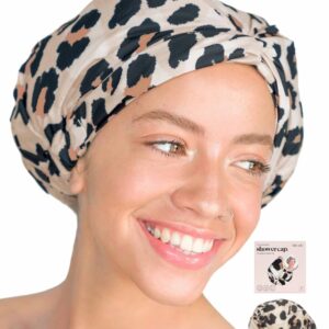 Kitsch Luxury Shower Cap for Women Waterproof - Reusable Shower Cap, Hair Cap for Shower, Waterproof Hair Shower Caps for Long Hair, Non-Slip Cute Shower Cap One Size, Chic Shower Bonnet - Leopard