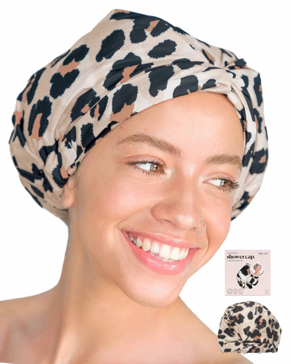 Kitsch Luxury Shower Cap for Women Waterproof - Reusable Shower Cap, Hair Cap for Shower, Waterproof Hair Shower Caps for Long Hair, Non-Slip Cute Shower Cap One Size, Chic Shower Bonnet - Leopard