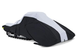 full fitment snowmobile cover compatible for the ski doo bombardier backcountry x-rs 850 etec 146model years 2020-2023. 600 denier black and gray, trailerable.