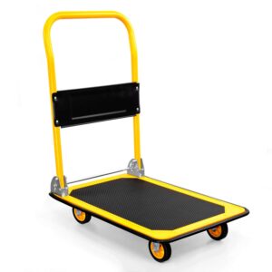 mount-it! platform truck | push cart dolly [330lb weight capacity] foldable flatbed with swivel wheels, rolling trolley cart, foldable, flat (yellow)