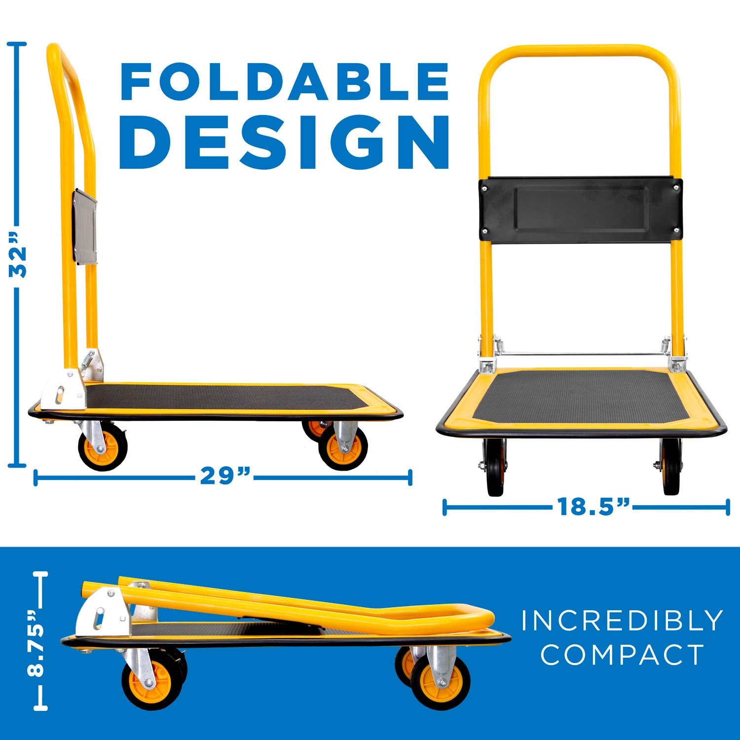 MOUNT-IT! Platform Truck | Push Cart Dolly [330lb Weight Capacity] Foldable Flatbed with Swivel Wheels, Rolling Trolley Cart, Foldable, Flat (Yellow)