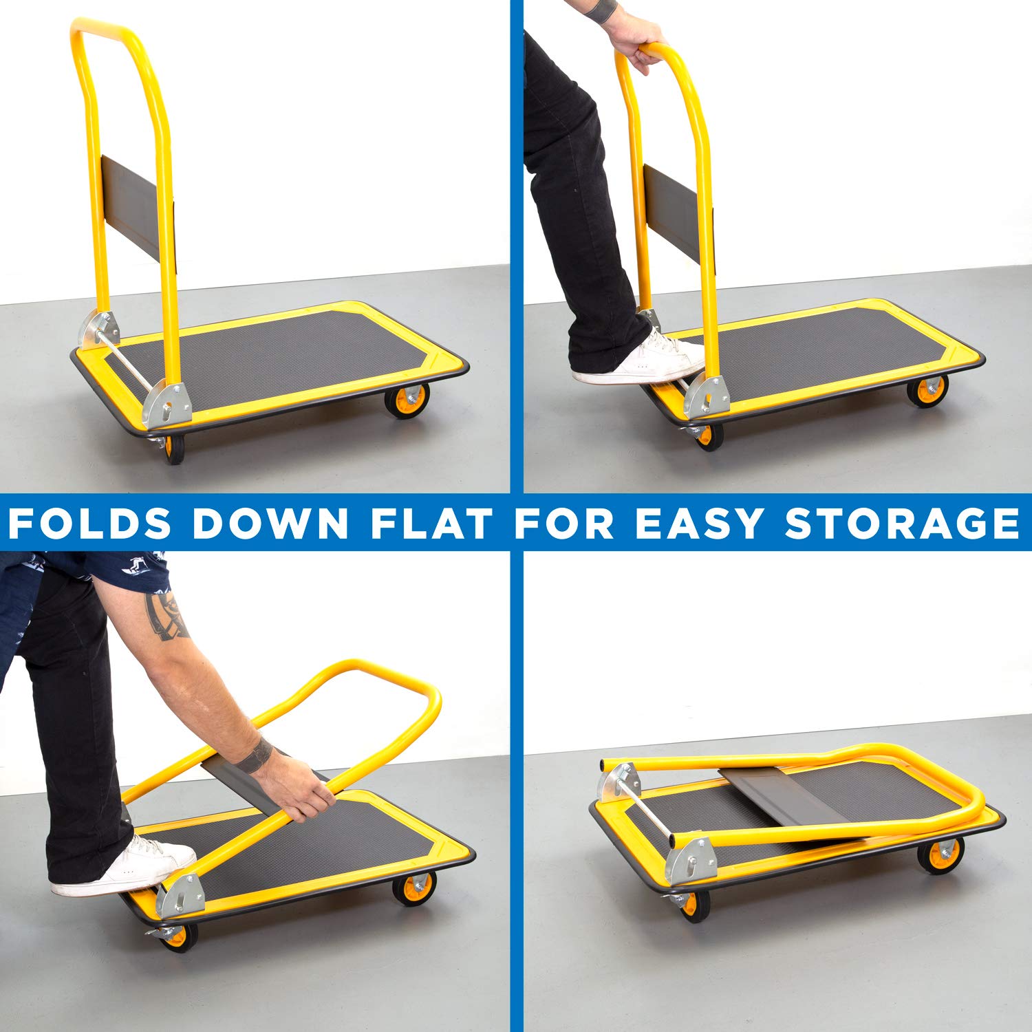 MOUNT-IT! Platform Truck | Push Cart Dolly [330lb Weight Capacity] Foldable Flatbed with Swivel Wheels, Rolling Trolley Cart, Foldable, Flat (Yellow)