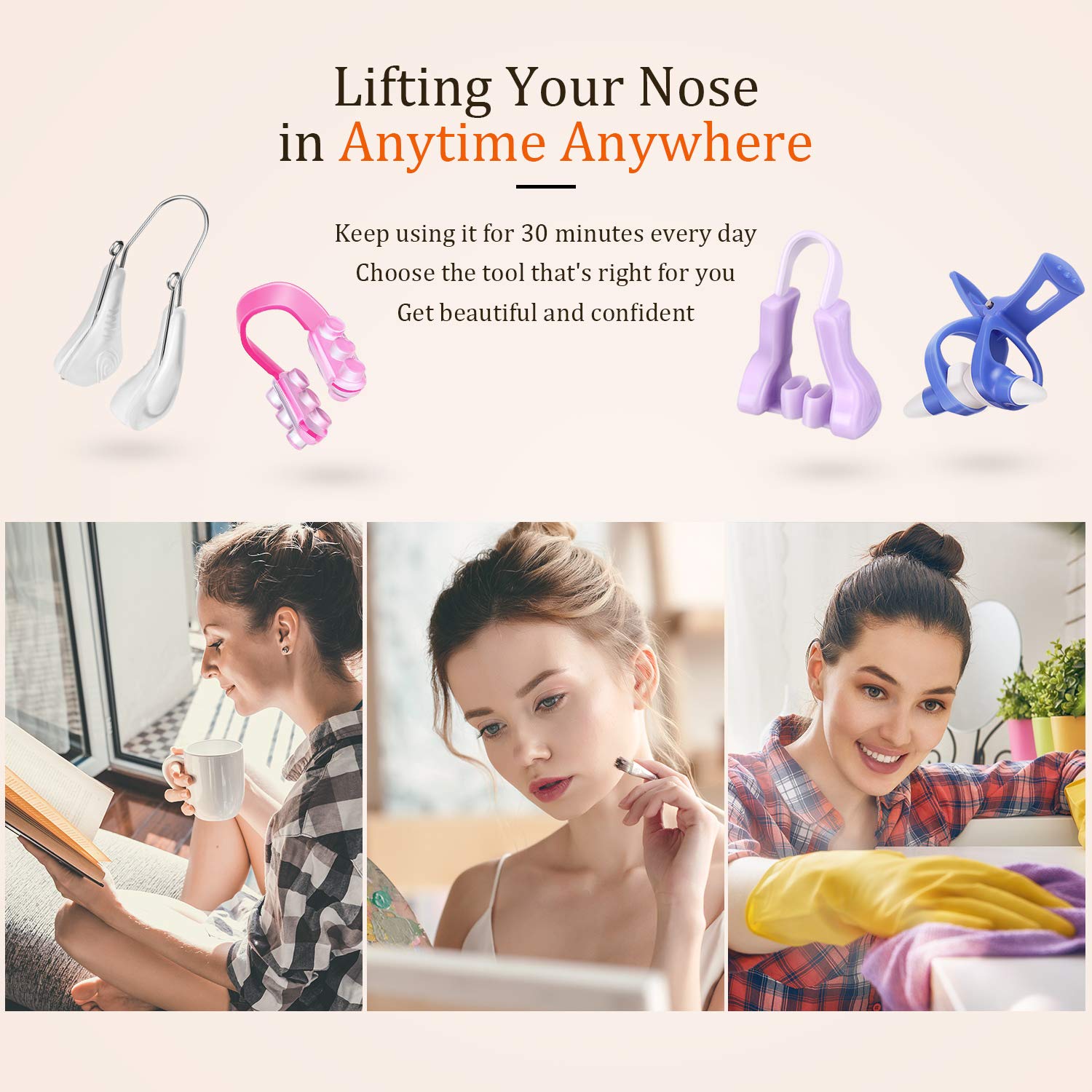 Frienda Nose Slimming Clips Set, 4 Pieces Silicone Nose Bridge Lifting Clips for Women (Purple, Pink, Blue, Transparent)