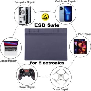 Anti-Static Mat ESD Safe for Electronic Includes ESD Wristband and Grounding Wire, HPFIX Silicone Soldering Repair Mat 932°F Heat Resistant for iPhone iPad iMac, Laptop, Computer, 15.9” x 12” Grey