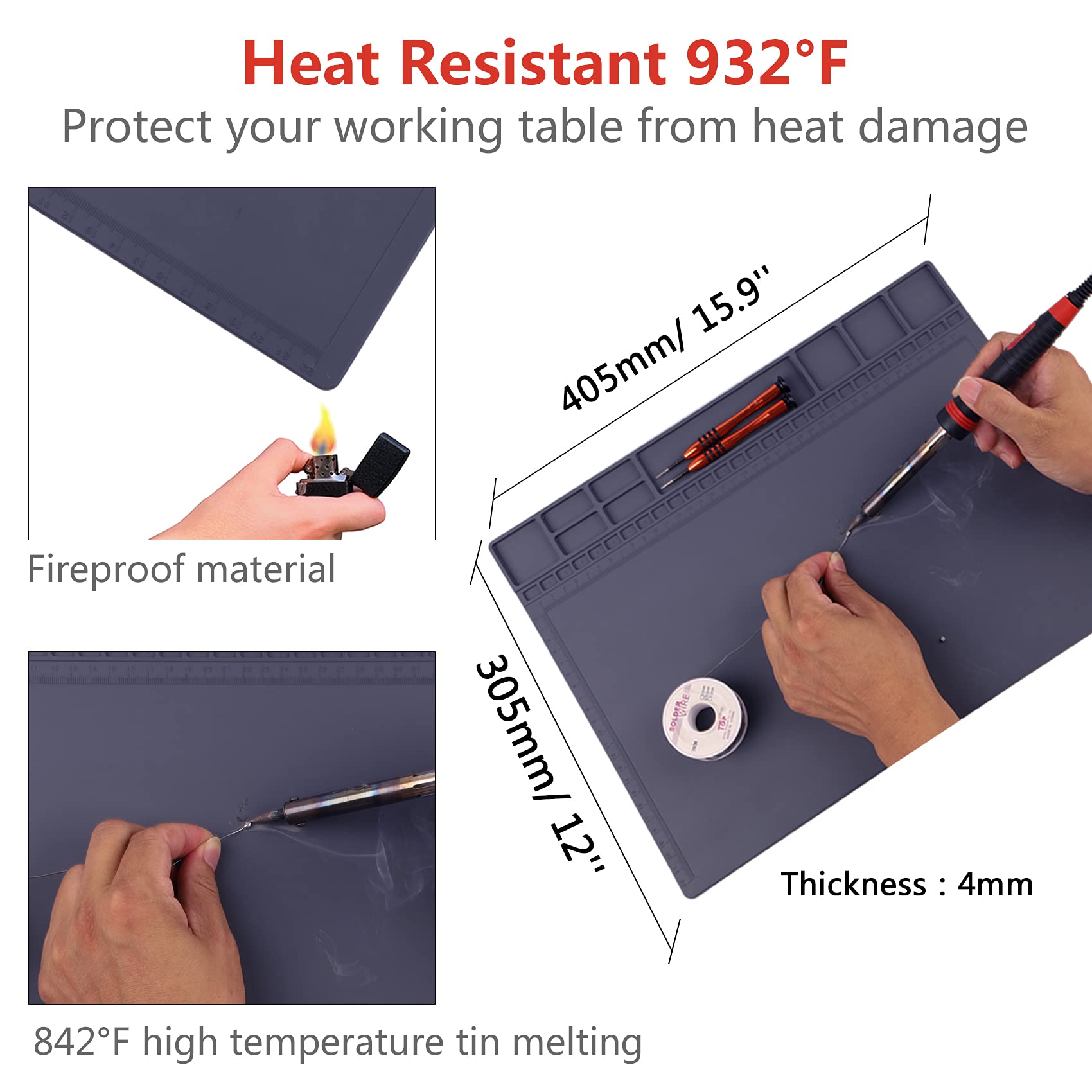 Anti-Static Mat ESD Safe for Electronic Includes ESD Wristband and Grounding Wire, HPFIX Silicone Soldering Repair Mat 932°F Heat Resistant for iPhone iPad iMac, Laptop, Computer, 15.9” x 12” Grey